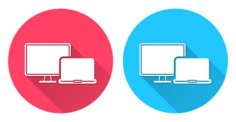 데스크탑 컴퓨터 및 노트북 빨간색 또는 파란색 배경에 긴 그림자가 있는 둥근 아이콘 Hd 포맷에 대한 스톡 벡터 아트 및 기타 이미지 Hd 포맷 Lcd Lcd