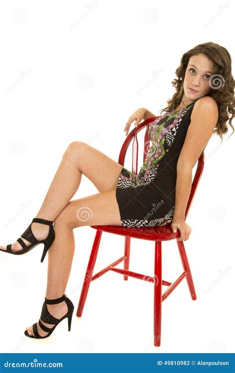 Woman Short Dress Sit Red Chair Legs Stock Photo Image Of Elegance Gorgeous