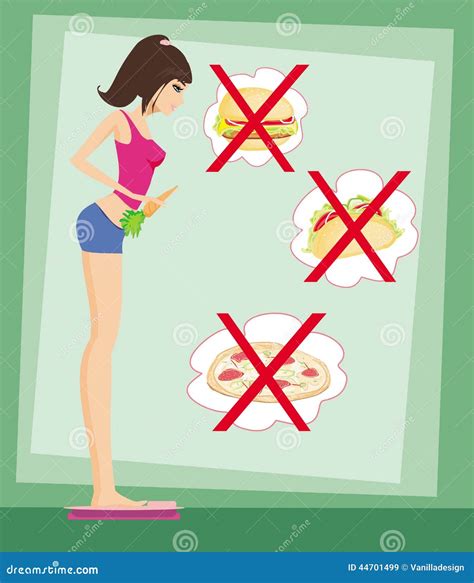 Sch Ner D Nner Brunette Der Ihr Gewicht Auf Skalen Berpr Ft Vektor Abbildung Illustration