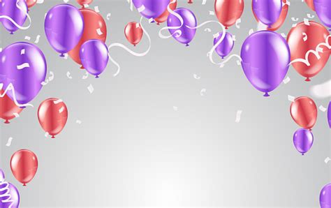 축 하 파티 생일 골드 풍선와 색종이 휴일 인사말 카드 초대장 일정 포스터에 대 한 벡터 일러스트 파티 배너 풍선 자주색 그리고 빨간입니다 사 문석 실버 개체 그룹에 대한