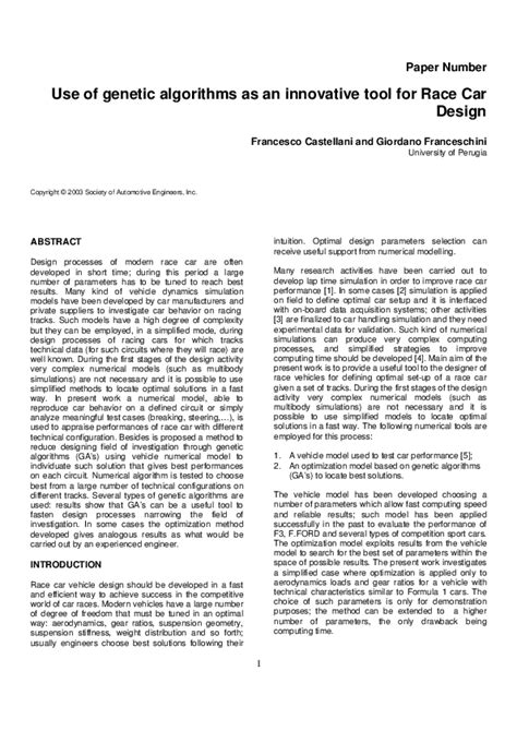 pdf use of genetic algorithms as an innovative tool for race car design