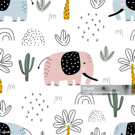 흰색 배경에 분홍색과 파란색 코끼리 선인장과 야자수가있는 원활한 사파리 패턴 포장 용지 직물 엽서 의류에 인쇄하기위한 벡터 그림 귀여운 아이들의 배경 0명에 대한 스톡 벡터