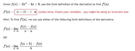 Solved Given f(x)=2x2-4x+6, ﻿use the limit definition of the | Chegg.com