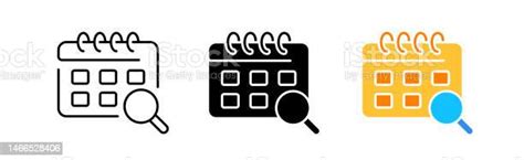 돋보기 선 아이콘이 있는 달력입니다 일정 일 주 월 날짜 이벤트 휴일 계절 계절 일정 꾸란 알림 마감일 흰색 배경에 선 검정 및 색상 스타일의 벡터 아이콘 건강 진단에 대한