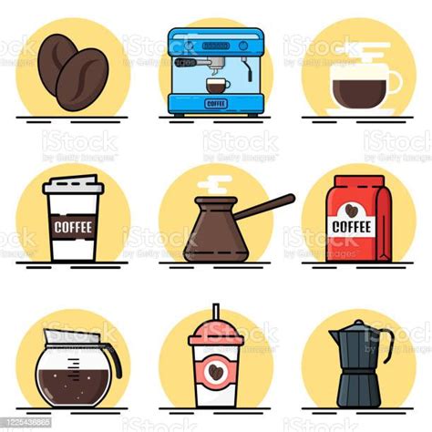 커피 아이콘 평면 디자인 컵 세트입니다 다양한 커피 머신과 커피 머신의 벡터 세트 플랫 스타일 검은색에 대한 스톡 벡터 아트 및 기타 이미지 Istock