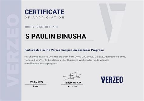 Verzeo Ambassadorprogram Appreciation Paulin Binusha Sahayaranjan