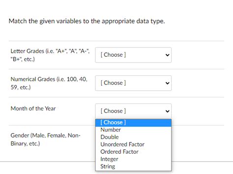 Match The Given Variables To The Appropriate Data