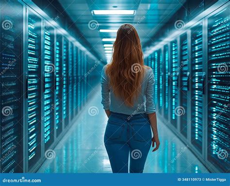 A Woman Walks Through A Symmetrical Data Center Corridor Surrounded By