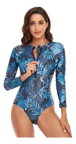 Traje De Baño Manga Larga Floral Una Pieza Para Mujer Cuotas Sin Interés