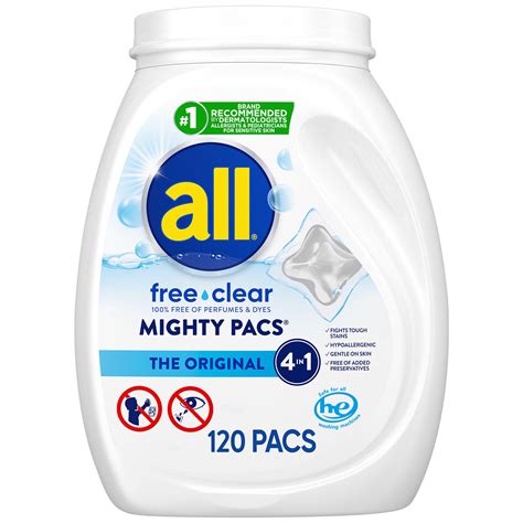 All Mighty Pacs Laundry Detergent Free Clear For Sensitive Skin 120