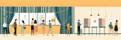 Voting Booth Scene With People Casting Ballots Surrounded By Vibrant Curtain And Sign Group Of