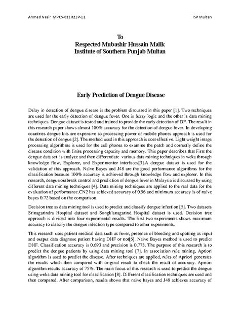 Summary Dengue Prediction Using Nlp To Respected Mubashir Hussain Malik Institute Of Southern