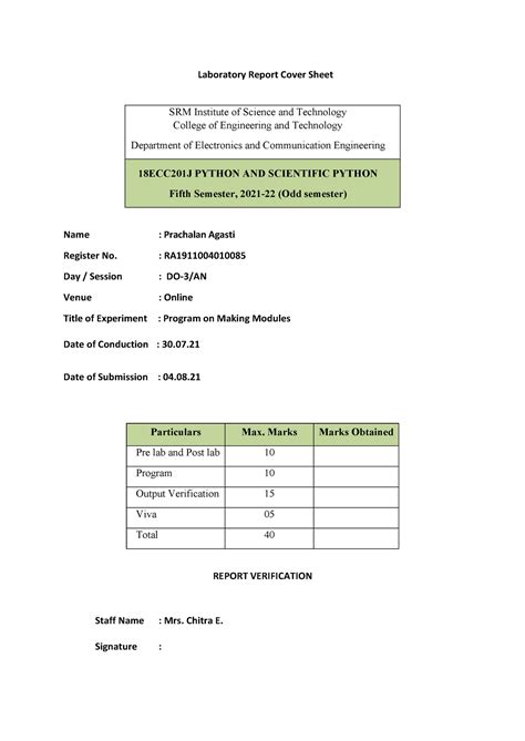 Python Lab Practical Laboratory Report Cover Sheet Srm Institute Of Science And