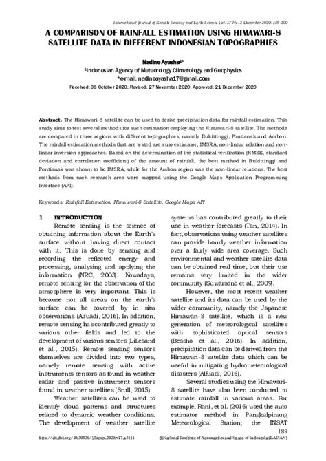Pdf A Comparison Of Rainfall Estimation Using Himawari 8 Satellite