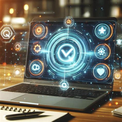 Modern Workspace With Laptop Displaying Holographic Ai Icons Pan Across