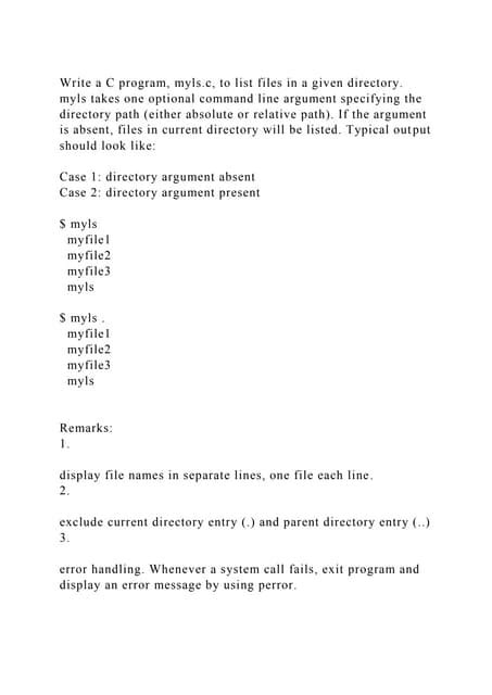 write a c program myls c to list files in a given directory myls docx