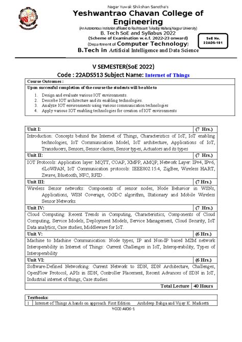 Io T Syllabus SoE No ADS Nagar Yuwak Shikshan Sansthas Yeshwantrao Chavan College Of