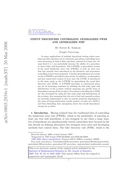 Pdf Stepup Procedures Controlling Generalized Fwer And Generalized Fdr