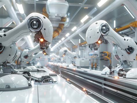 Precision Robotic Arms In A High Tech Manufacturing Facility Stock