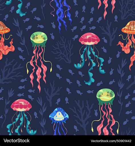 Cartoon Jellyfish Seamless Pattern Bright Glowing Vector Image