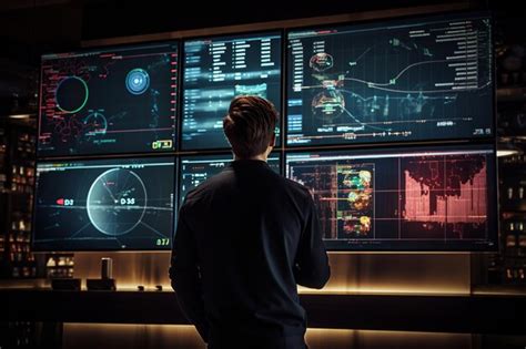 Premium Ai Image A Man Standing In Front Of A Big Futuristic Display Examining Data