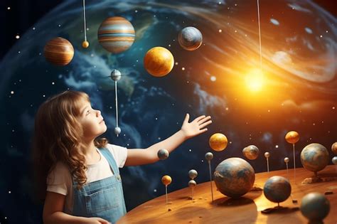 Premium AI Image Girl Exploring A Solar System Model Smart Kid In Babe