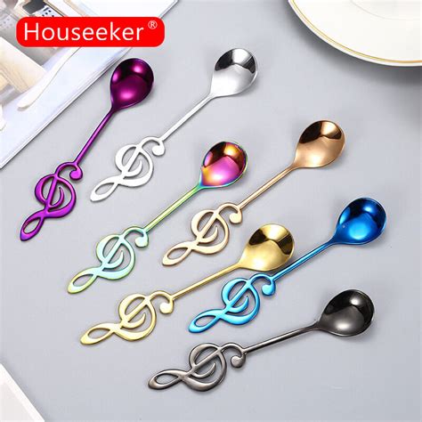 Houseeker สแตนเลสช้อนกาแฟเพลงน่ารักช้อนชาที่ตักไอศกรีมทองเงินค็อกเทลช้อนคนบนโต๊ะอาหาร