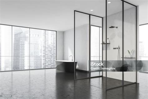 검은 욕조와 반유리 캐빈이 구비된 흰색 파노라마 욕실 코너 보기 0명에 대한 스톡 사진 및 기타 이미지 0명 3차원 형태 가정 생활 Istock