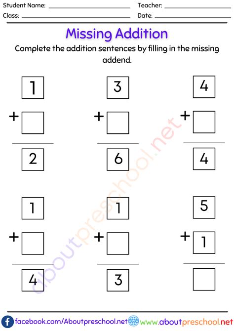 Missing Number Addition Worksheets Pdf About Preschool