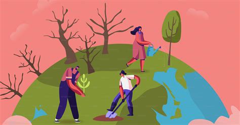 식생 산림 복원 재조림 및 나무 심기 개념 자원 봉사자 캐릭터는 녹색 식물에 물을 주고 자연을 구하고 환경을 보호합니다