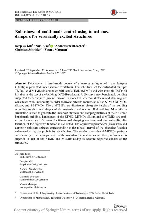 Robustness Of Multi Mode Control Using Tuned Mass Dampers For Seismically Excited Structures