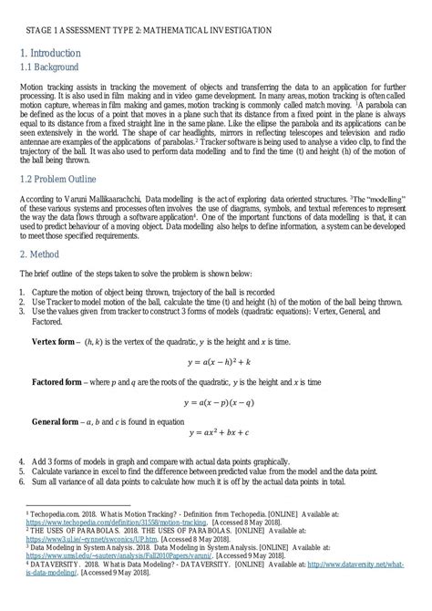 Modelling Trajectory Using Quadratics Investigation Mathematical Methods Year 11 Sace