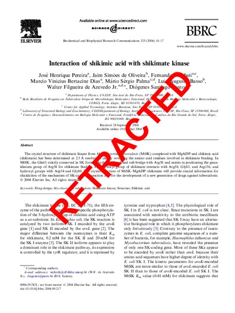 Pdf Retracted Interaction Of Shikimic Acid With Shikimate Kinase Mário S Palma