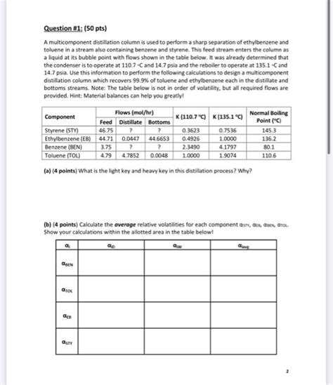 Solved Question 1 50 Pts A Multicomponent Distillation