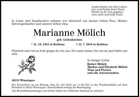 Traueranzeigen Von Marianne Mölich Rz Trauer De
