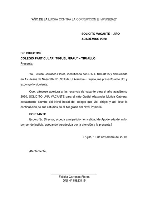 Modelo De Solicitud Para Vacante En Colegio Pdf