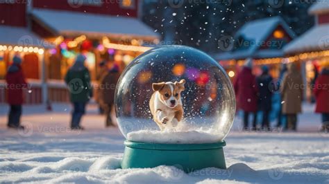 A Playful Dog Jumps In A Snow Globe Amid A Festive Winter Scene