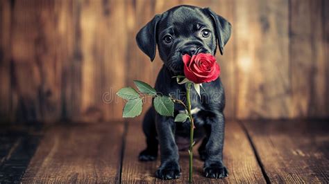 Puppy Holding Rose Wood Background Valentine S Pet Love Stock Image