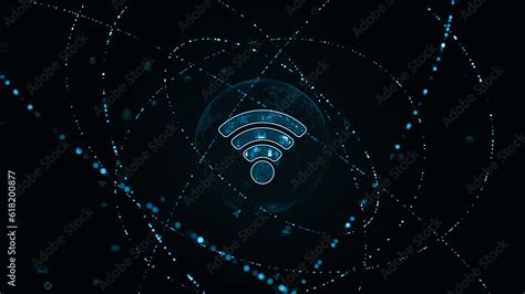 Blue Wifi Logo With Particle Ring Circle Rotation And Earth Sphere With Ai Technology Icon On