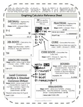 Math Menu Fractions And Test Menu TI Graphing Calculator Reference Sheet
