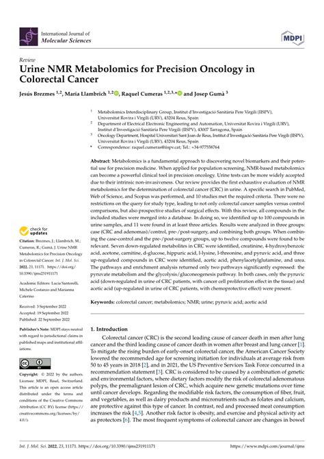 Pdf Urine Nmr Metabolomics For Precision Oncology In Colorectal Cancer