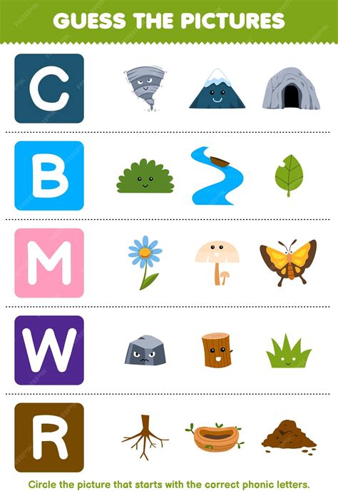 어린이를 위한 교육 게임은 문자 Cbmw 및 R 인쇄 가능한 자연 워크시트로 시작하는 음성 단어에 대한 올바른 그림을 추측합니다 프리미엄 벡터