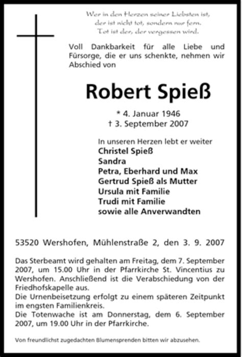 Traueranzeigen Von Robert Spieß Trauer In Nrw De