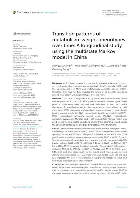 Pdf Transition Patterns Of Metabolism Weight Phenotypes Over Time A