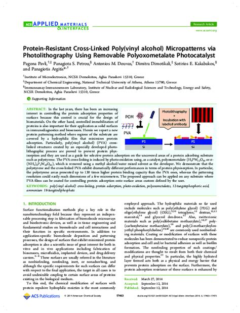 Pdf Protein Resistant Cross Linked Poly Vinyl Alcohol Micropatterns Via Photolithography