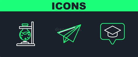 Set Line Graduation Cap In Speech Bubble Glass Test Tube Flask Fire