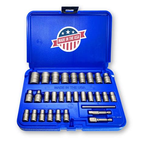 30 Piece Extraction Socket Tool Set Made In Usa Steel ¼” And