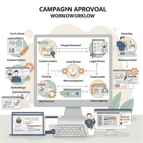 A Diagram Depicts A Campaign Approval Workflow With Various Stages Illustrated On Stock