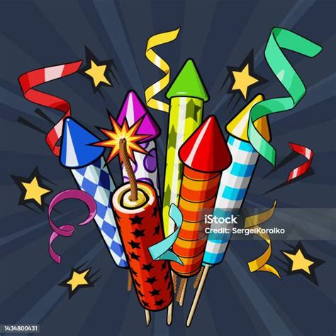 떨어지는 색종이가있는 불꽃 놀이를위한 폭죽과 로켓이 많이 있습니다 크리스마스 새해 및 독립 기념일 축하 개념 어두운 빛나는