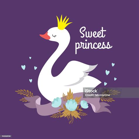 귀여운 만화 흰색 아기 백조 공주 벡터 그래픽 포스터 또는 여자에 대 한 T셔츠 백조에 대한 스톡 벡터 아트 및 기타 이미지